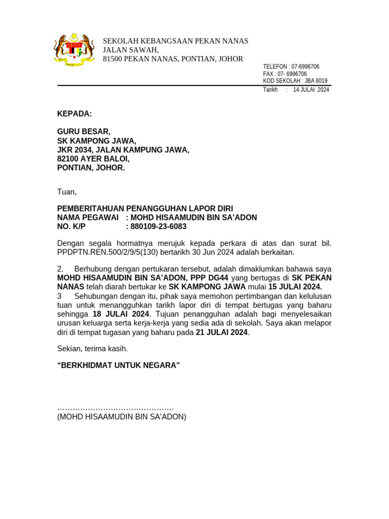 Surat Tangguh Lapor Diri | PDF
