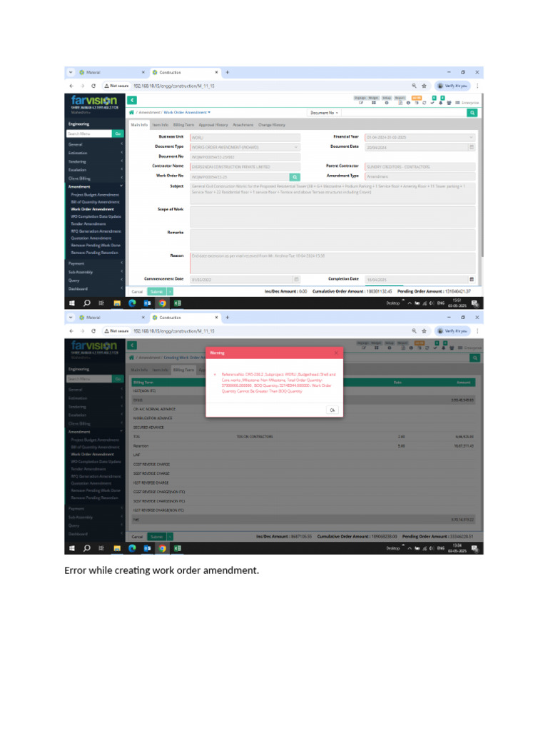 Mahesh Mane - Error While Creating Work Order Amendment | PDF