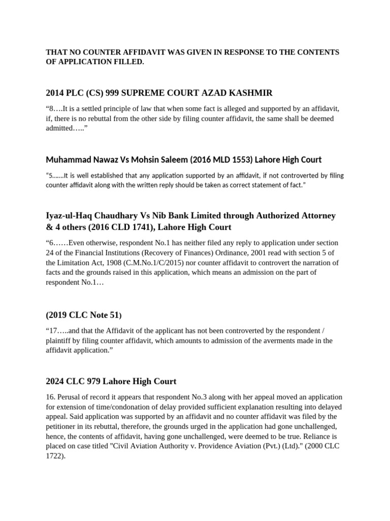 That No Counter Affidavit Was Given in Response To The Contents of ...
