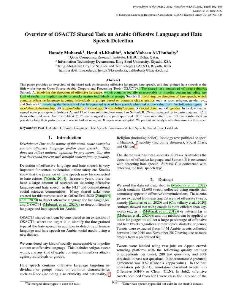 OverView of Tourmant Called OSACT5 On Shared Task On Arabic Offensive Language and Hate Speech ...