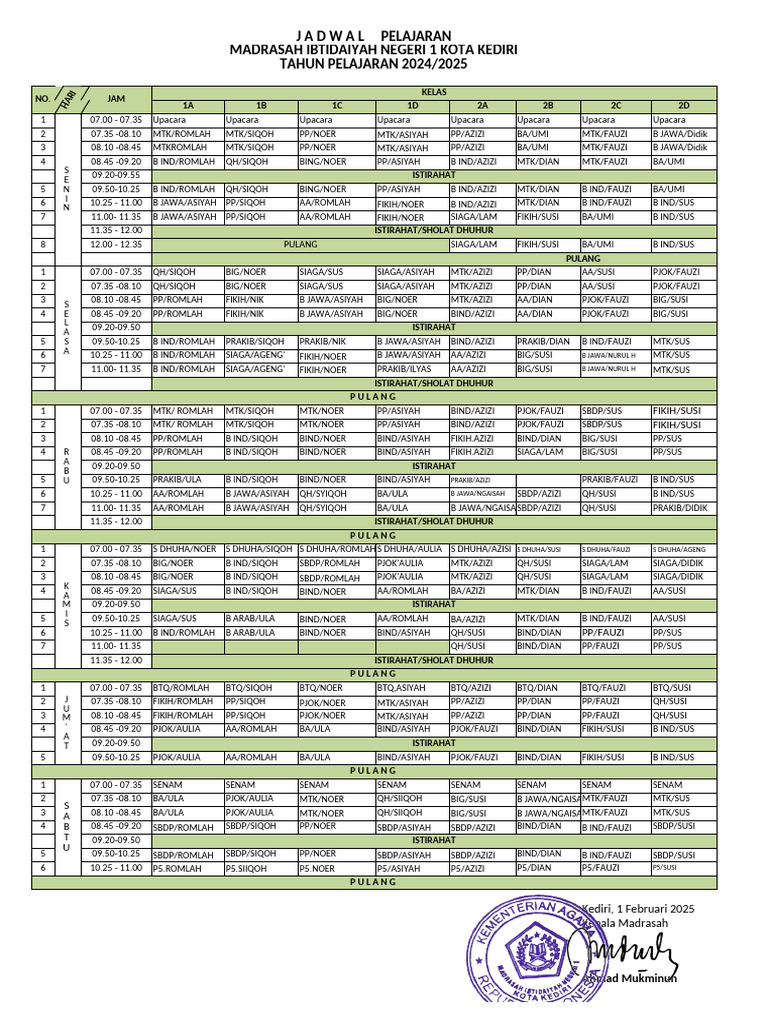 JADWAL PELAJARAN T.A 2024-2025 (Revisi Februari 2025 | PDF