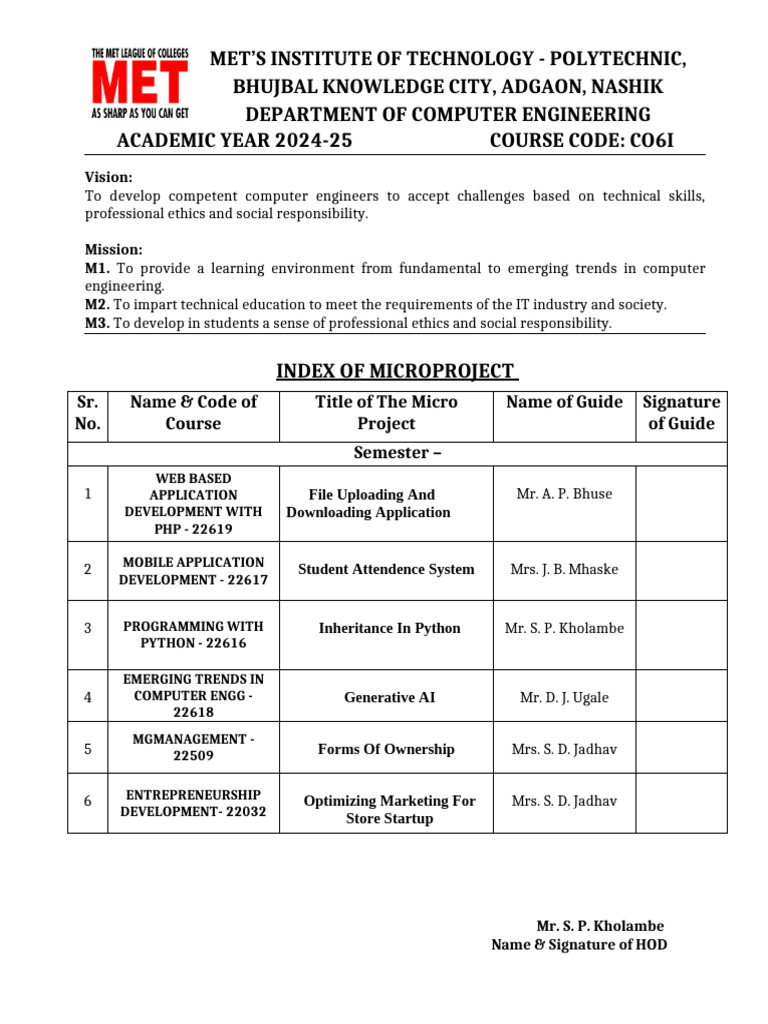 CO Sixth Sem Micro Project Index | PDF