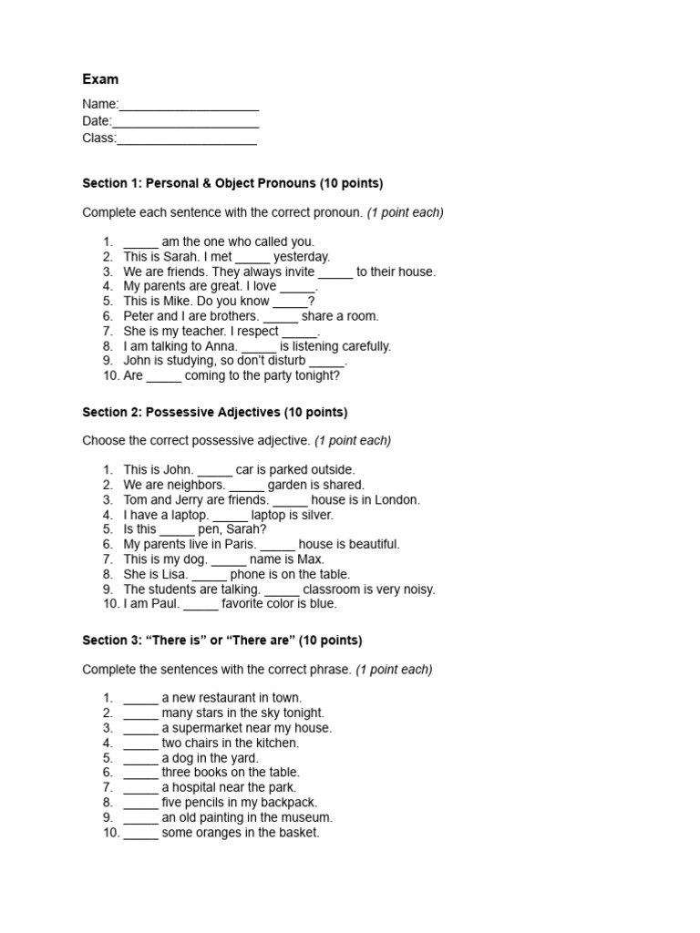 Grammar Exam - Pronouns, Possessive Adjectives, Demonstratives ...