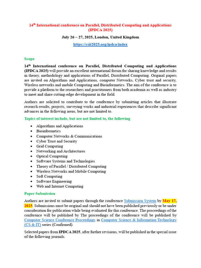 14th International Conference On Parallel, Distributed Computing and Applications (IPDCA 2025 ...