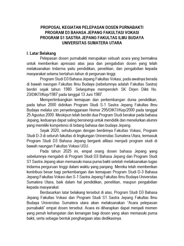 PROPOSAL KEGIATAN PELEPASAN DOSEN PURNABAKTI PRODI SASTRA JEPANG | PDF
