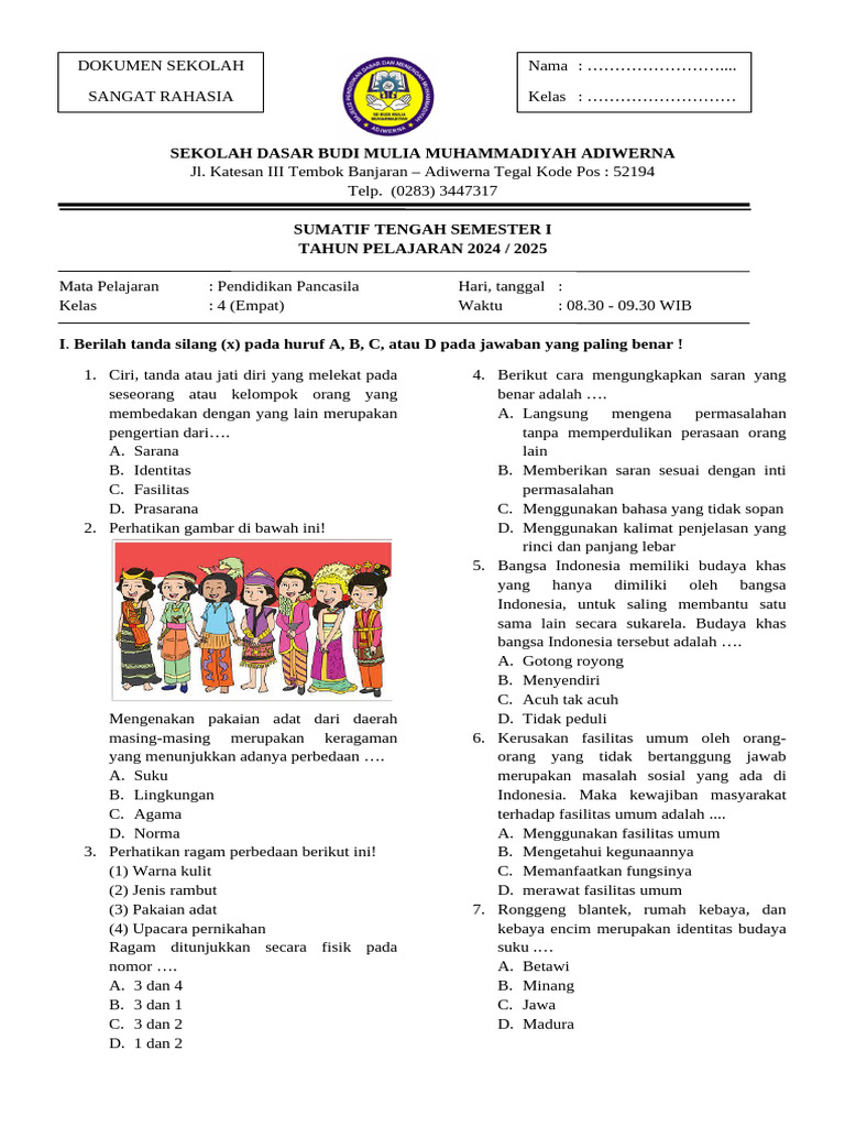 PTS Sts PPKN Pancasila KELAS 4 Sem 1 2024 | PDF