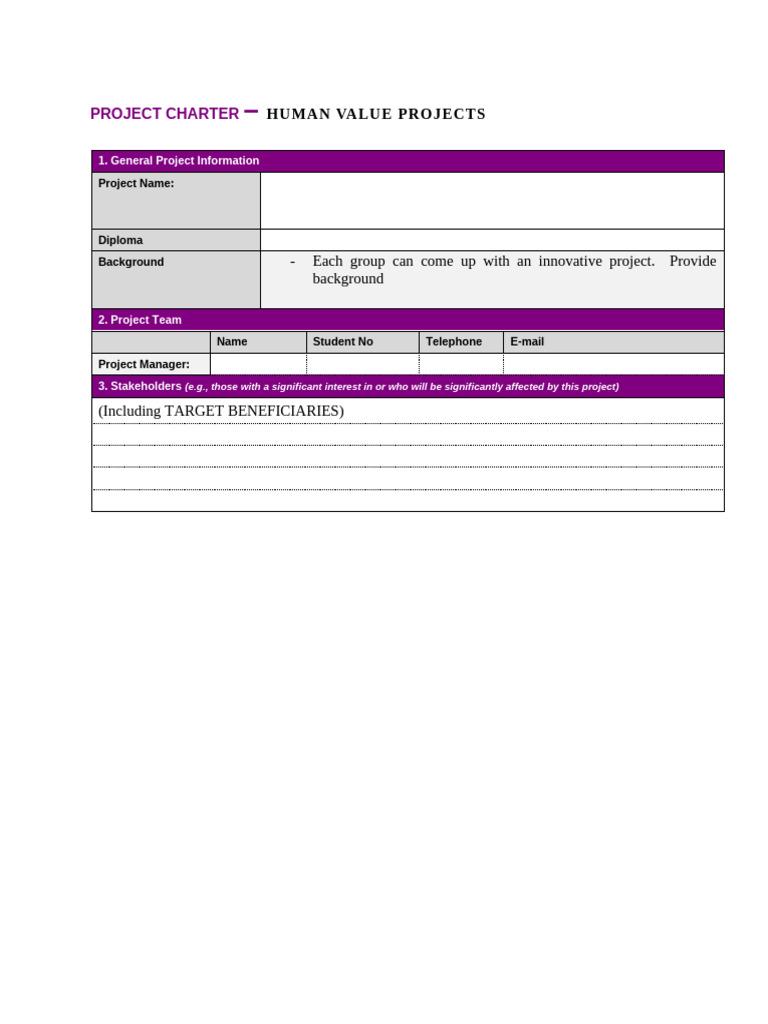 Project Charter or Plan For Human Value Project | PDF