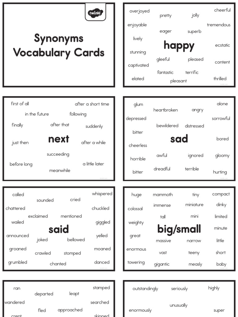 BW Synonyms Vocabulary Cards | PDF