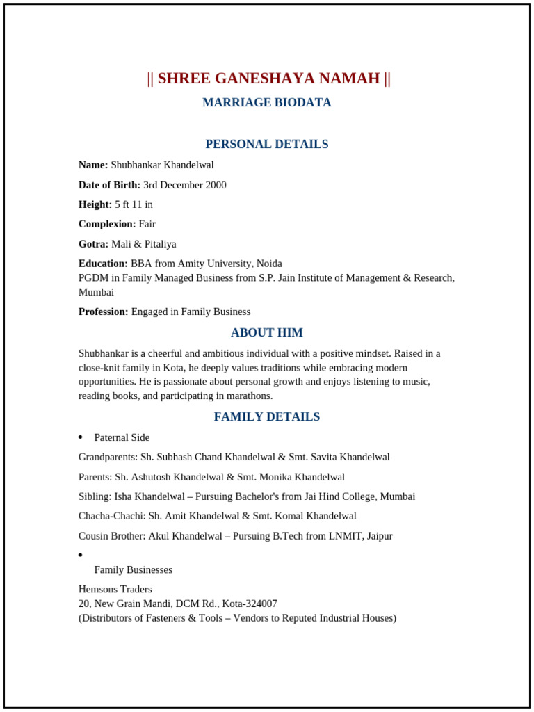 Shubhankar_Khandelwal_Marriage_Biodata_Bordered | PDF