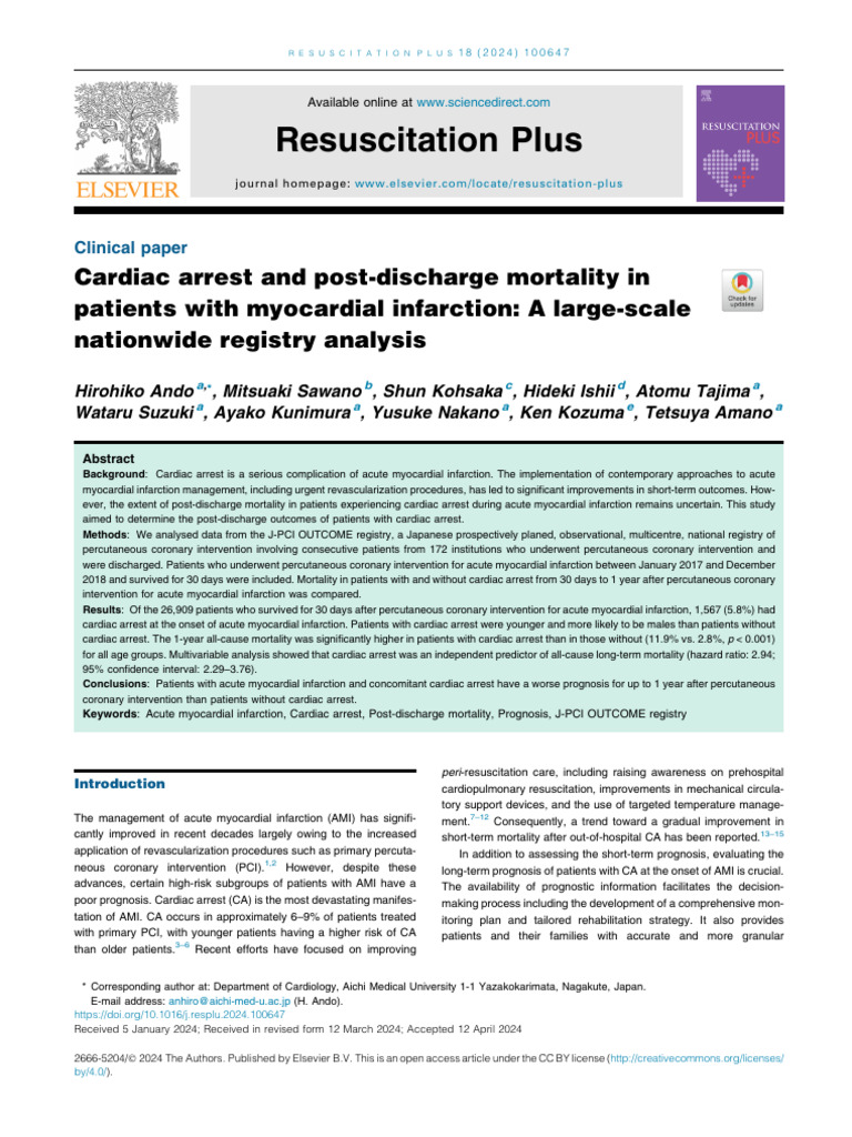 Cardiac Arrest and Post Discharge Mortality in Patients With M - 2024 ...