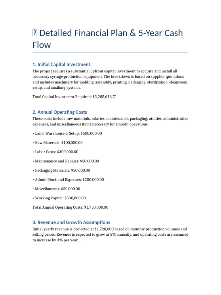 Detailed Financial Plan and 5 Year Cashflow | PDF