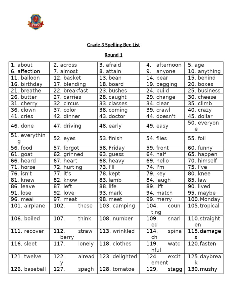 Grade 3 Spelling Bee List “Round 1” | PDF