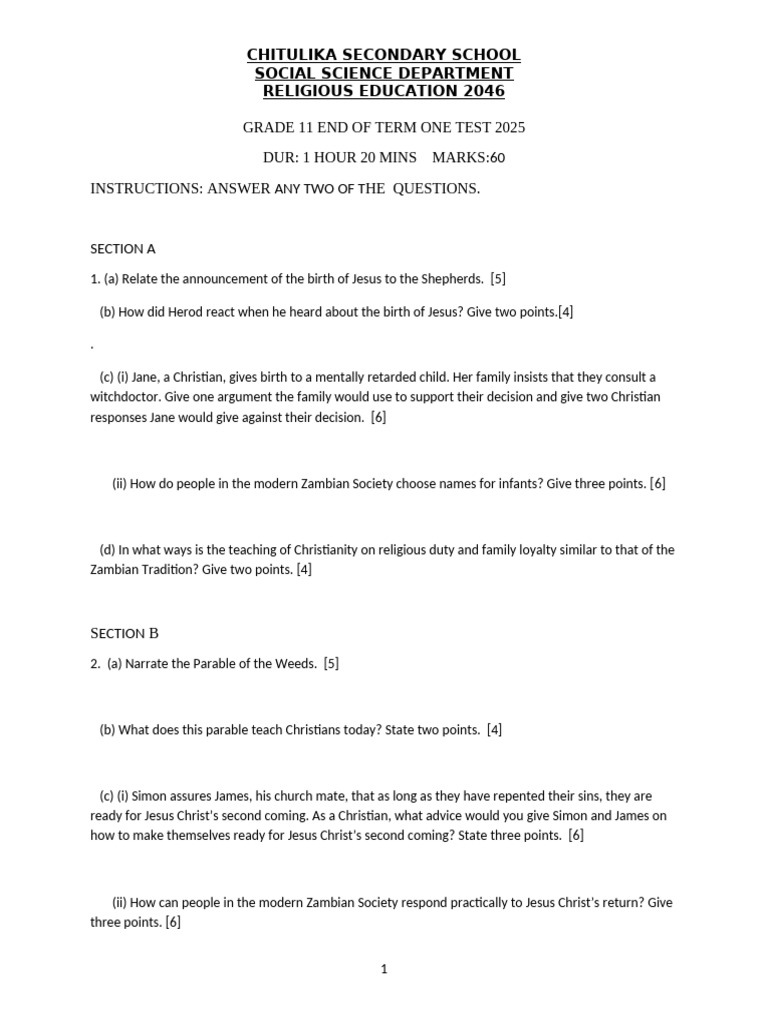 Grade 11 End of Term Test 2025 | PDF | Jesus | Religious Belief And ...