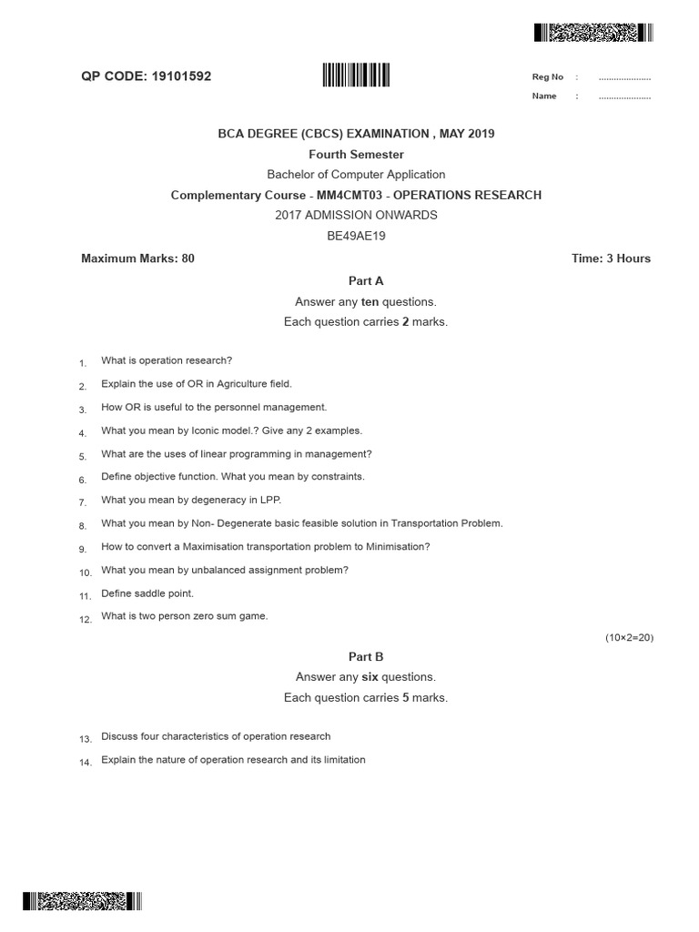 Bca Semester Iv Operations Research 2019 Question Paper | PDF | Mathematics | Applied Mathematics