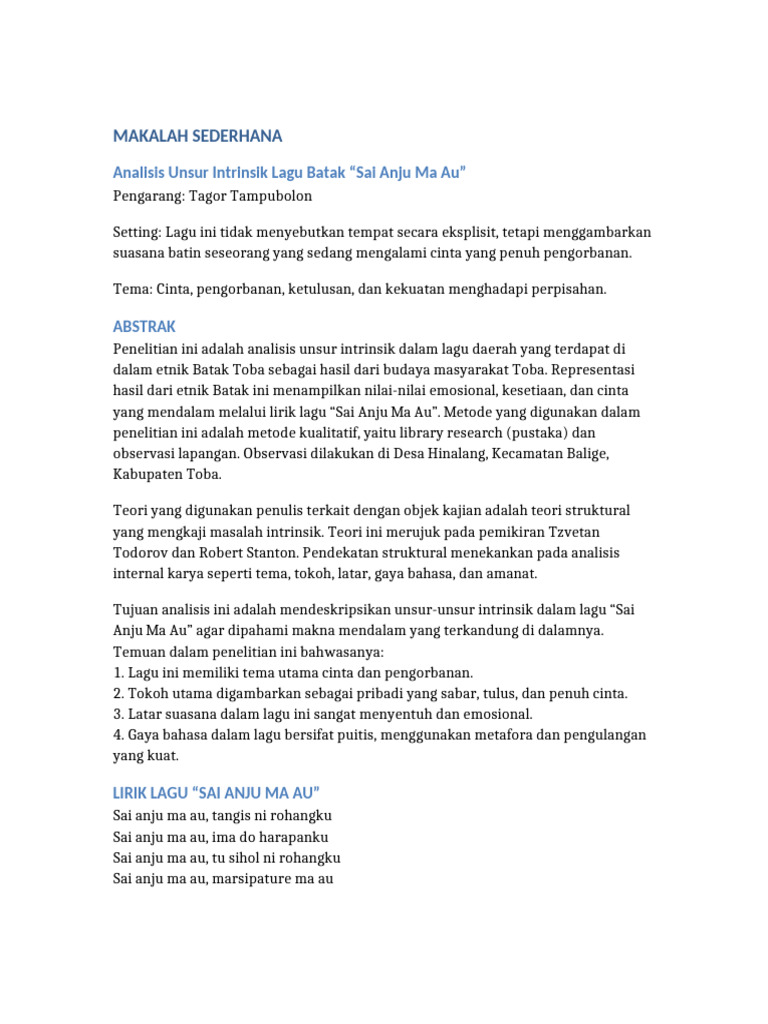 Makalah Sederhana Analisis Lagu Sai Anju Ma Au | PDF