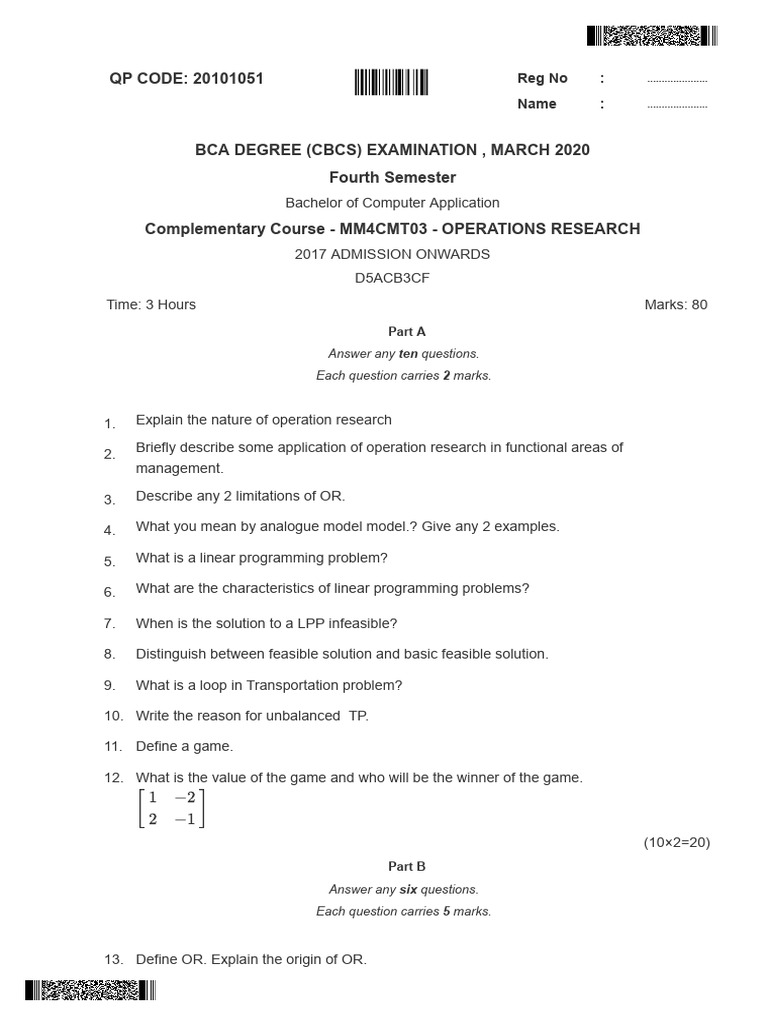 BCA Operations Research Exam Paper | PDF | Linear Programming | Applied ...