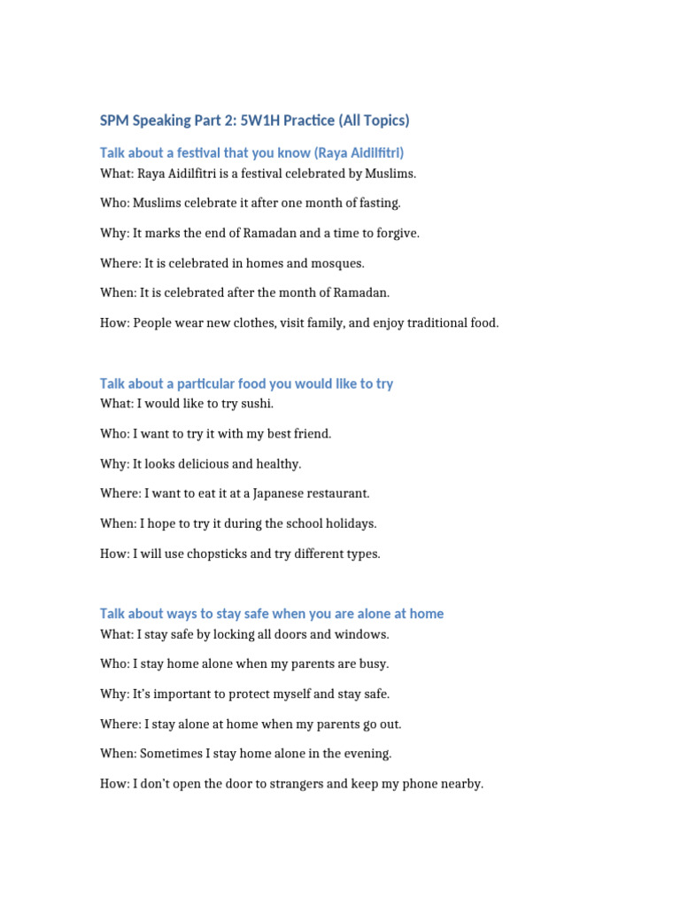 SPM Speaking 5W1H All Topics | PDF