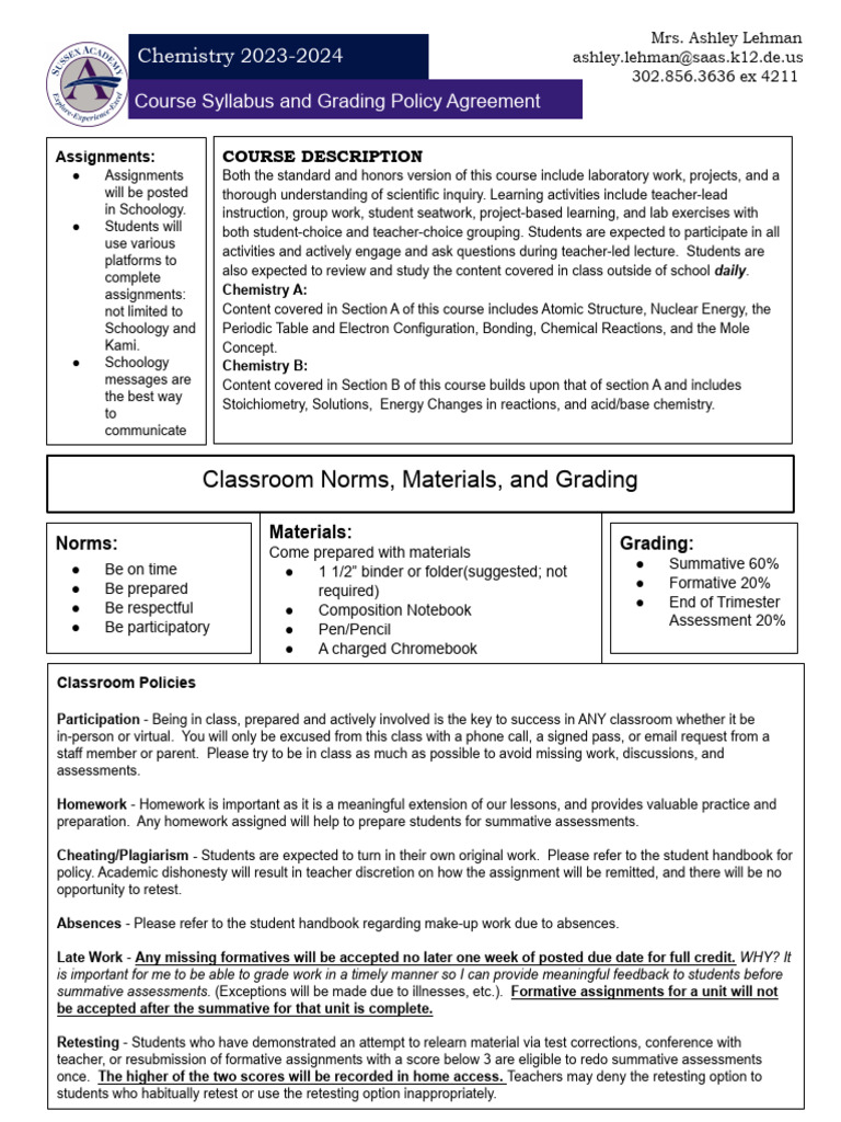 Christopher Chadwell - Chemistry Course Syllabus 2023-2024 (Standard ...