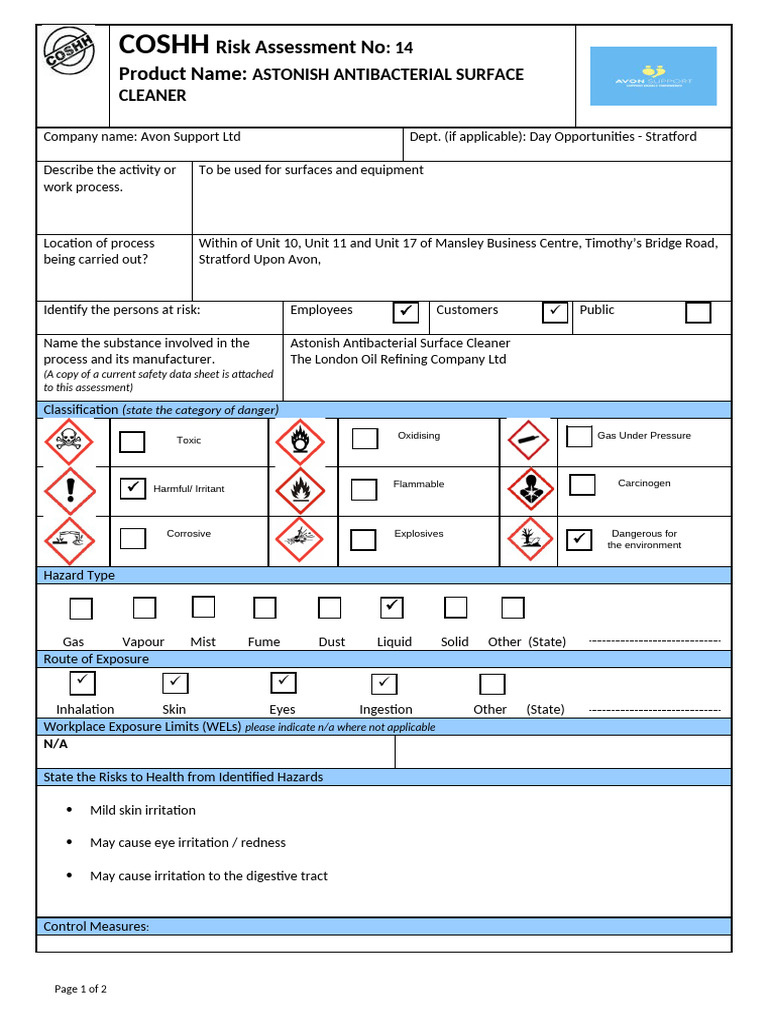 Astonish Antibacterial Cleaner COSHH Assessment | PDF | Personal ...