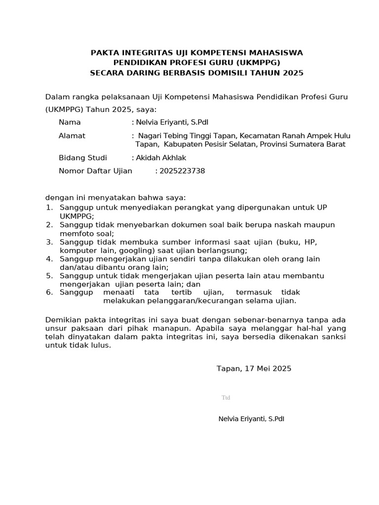 Pakta Integritas Uji Kompetensi Mahasiswa Pendidikan Profesi Guru Pai ...