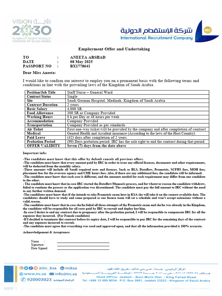 Aneeta Arshad SGH Madinah Job Offer | PDF