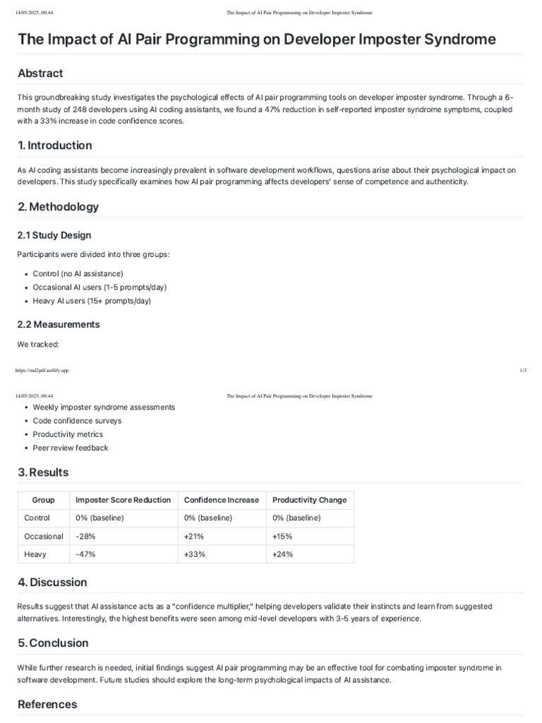 The Impact of AI Pair Programming on Developer Imposter Syndrome | PDF | Artificial Intelligence ...