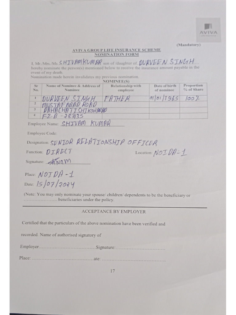 Aviva group form shivam 22 | PDF
