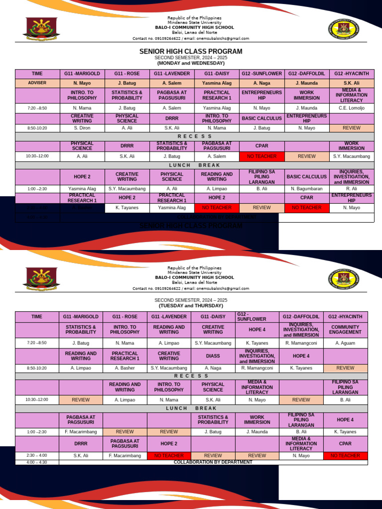 Senior High Class Schedule 2024-2025 | PDF