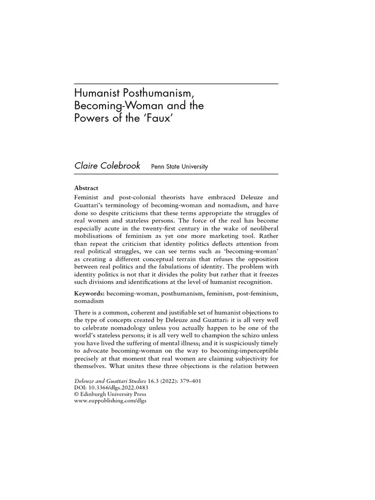 Humanist Posthumanism and Becoming-Woman | PDF | Feminism | Gender Studies