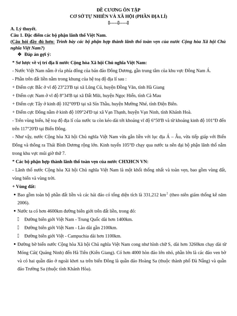 Đề Cương Ôn Tập Cơ Sở Tn&Xh (Phần Địa Lí) | PDF