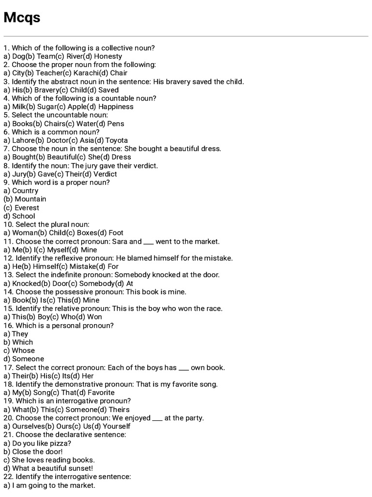 English Grammar Important Mcqs | PDF | Noun | Verb