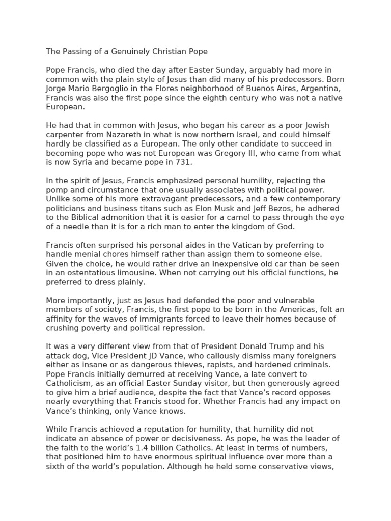 SUBSTACK - Passing of A Genuinely Christian Pope | PDF | Pope Francis | Pope