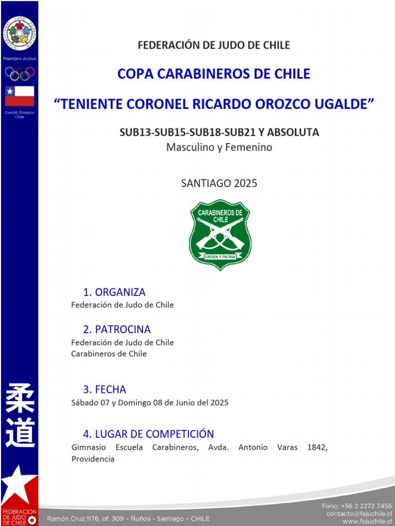 Bases Copa Carabineros - Categorìas Oficiales - Copa Tte Coronel Orozco Ugalde 2025 | PDF | Judo