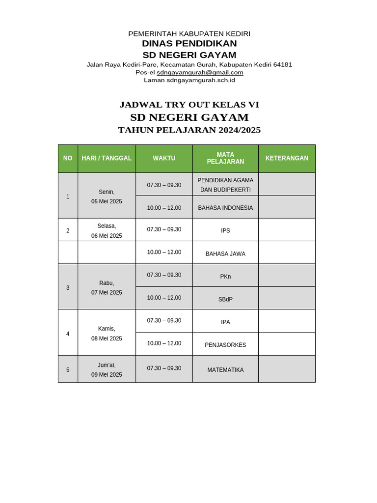 JADWAL TRY OUT KELAS VI_2024-2025-GAYAM (FIX) (1) | PDF