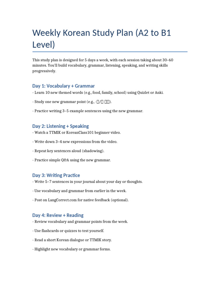 Korean Weekly Study Plan | PDF