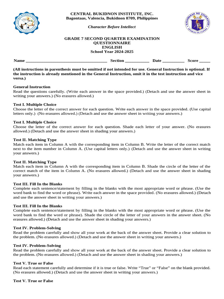 Quarterly Exam Template Questionnaire | PDF | Multiple Choice | Crossword