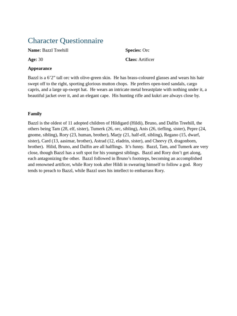 Bazzl Character Questionnaire | PDF
