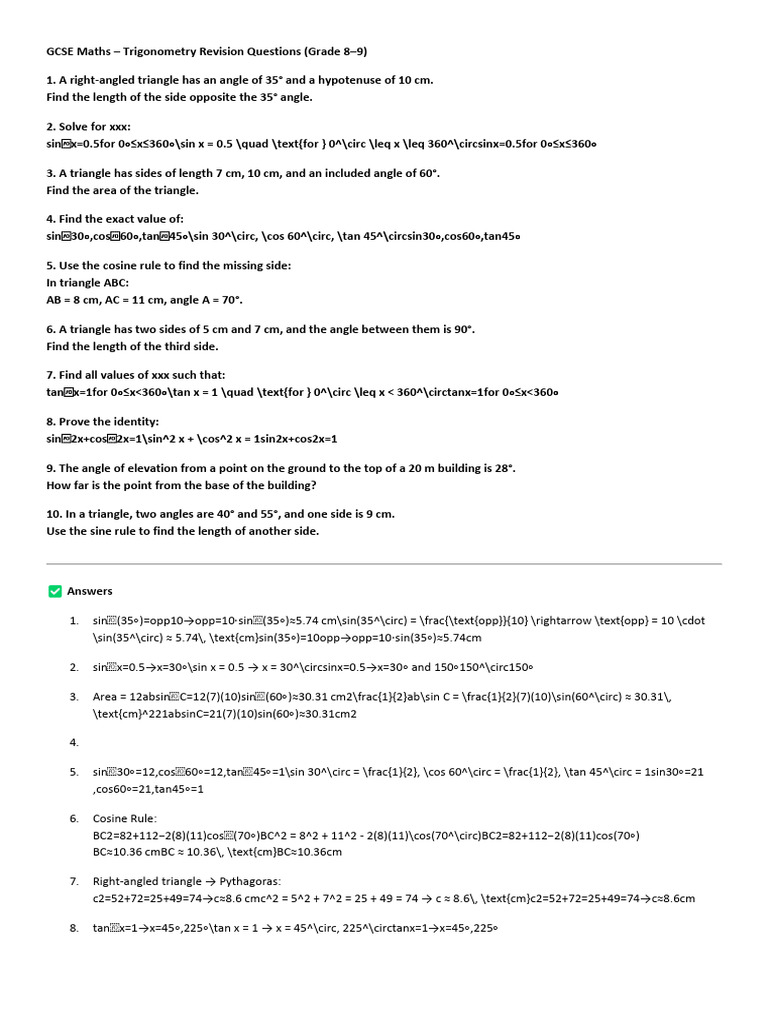 Trigonometry (Grade 8–9) Set 2 | PDF | Special Functions | Angle