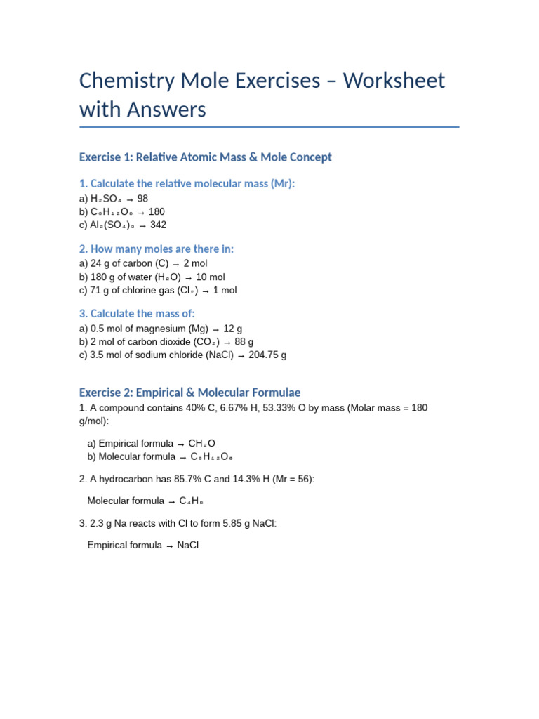 Chemistry Mole Worksheet with Answers | PDF