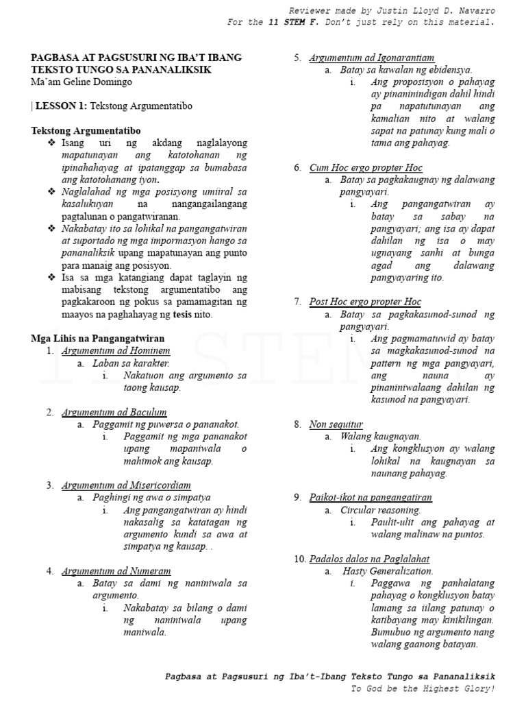 REVIEWER NG STEM F Pagbasa at Pagsusuri | PDF