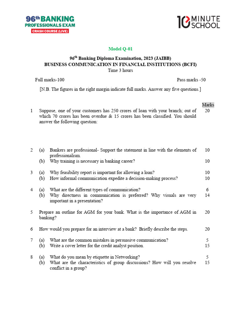BCFI Exam Questions for Banking Diploma | PDF | Banks | Communication