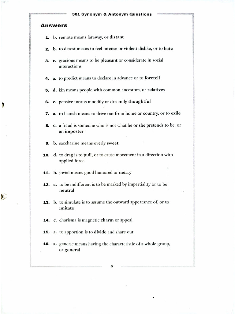 501 Synonyms and Antonyms Answer Keys | PDF