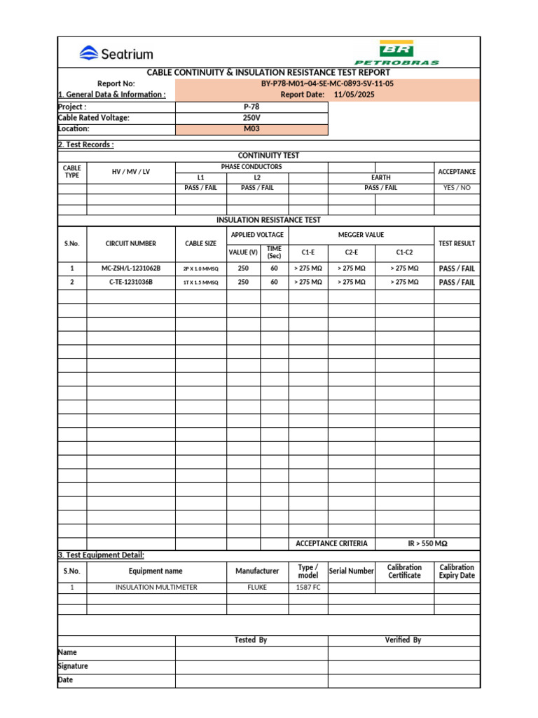 Cable Continuity & Insulation Resistance Test Report | PDF | Insulator ...