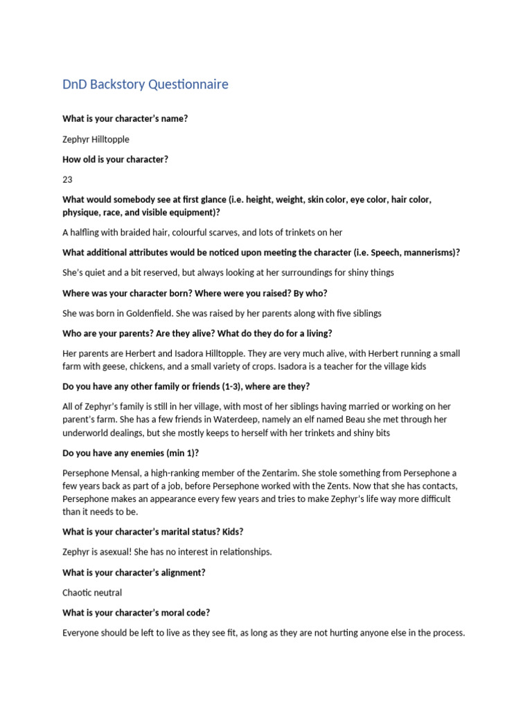 DND Backstory Questionnaire - Zephyr | PDF