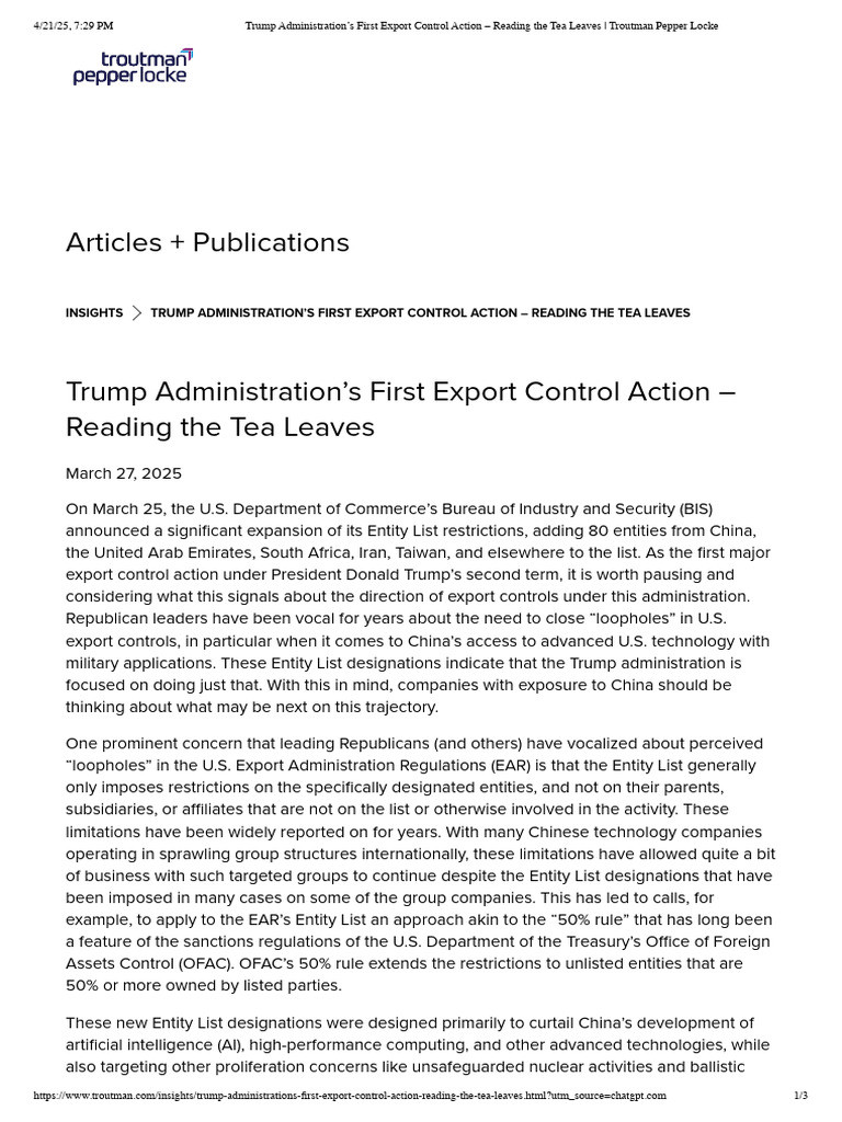Trump Administration's First Export Control Action - Reading The Tea ...