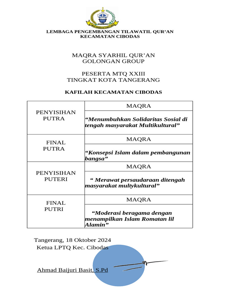 Permohonan Maqra MSQ Dan Dis Netra MTQ Kota 2024 | PDF