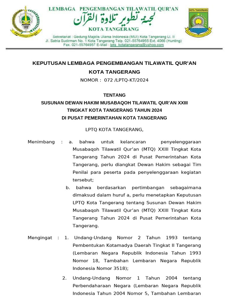 SK Dewan Hakim MTQ Xxiii TK Kota Tangerang Tahun 2024 | PDF