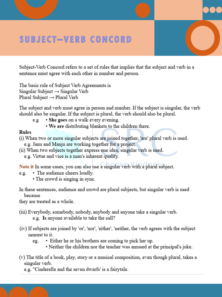 Class Ix - English - Subject Verb Concord Notes | PDF | Plural | Verb