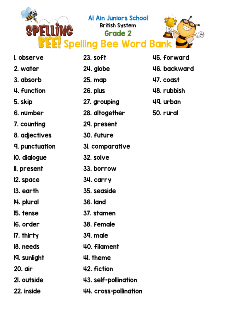 Spelling Word Bank - Grade 2 | PDF | Flowers | Verb