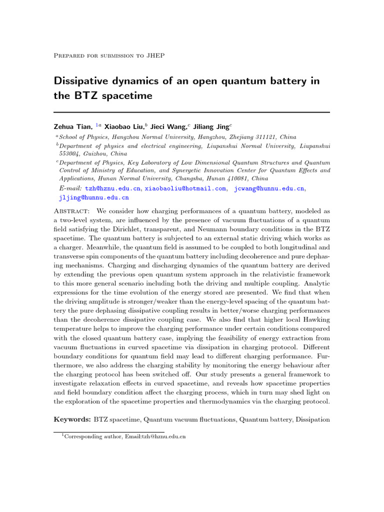 Dissipative Dynamics of An Open Quantum Battery in The BTZ Spacetime | PDF | Black Hole | Spacetime